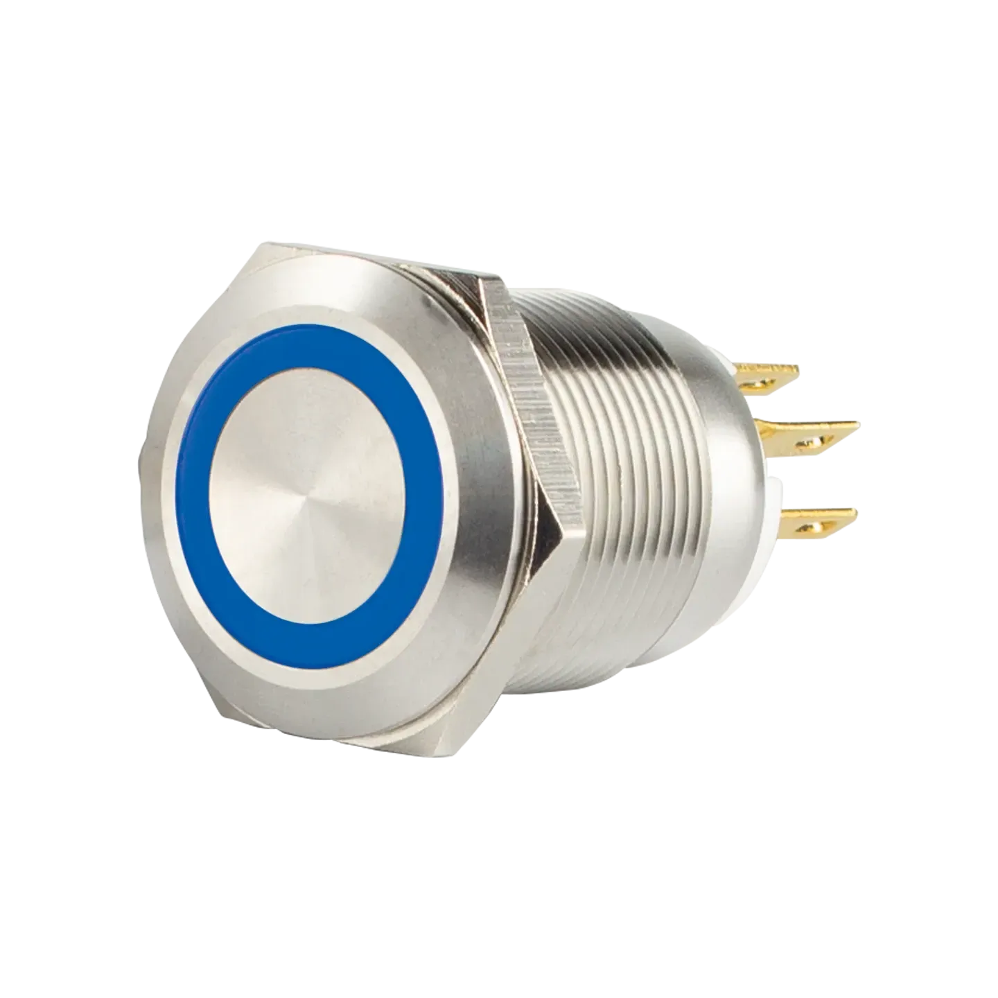 Bouton poussoir, Ø 19 mm, en acier inoxydable, cosses à souder, halo bleu