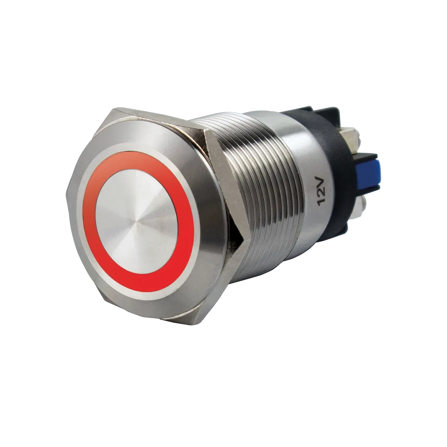 Bouton poussoir, Ø 19 mm, en acier inoxydable, bornes à vis, halo rouge