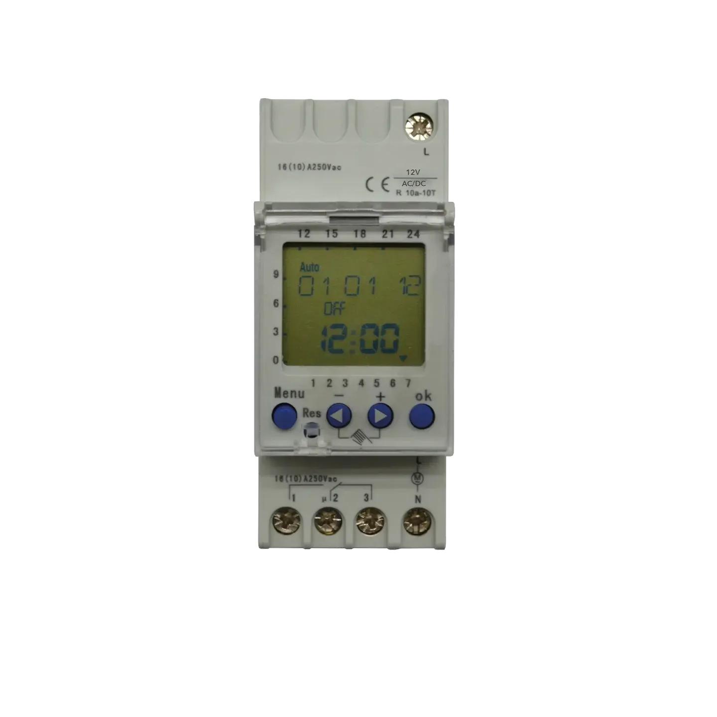 Horloge digitale rail DIN, 12 V AC/DC, 2 contacts inverseurs (58 pas) - Horloges digitales rail ...